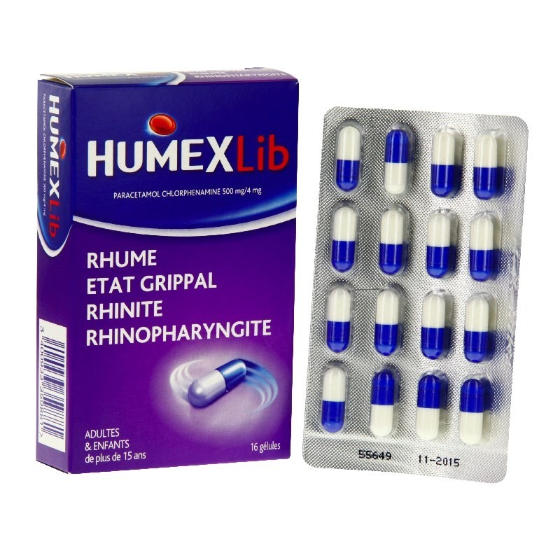 HumexLib paracétamol chlorphenomine 500mg/4mg 16 gélules | Izyshop